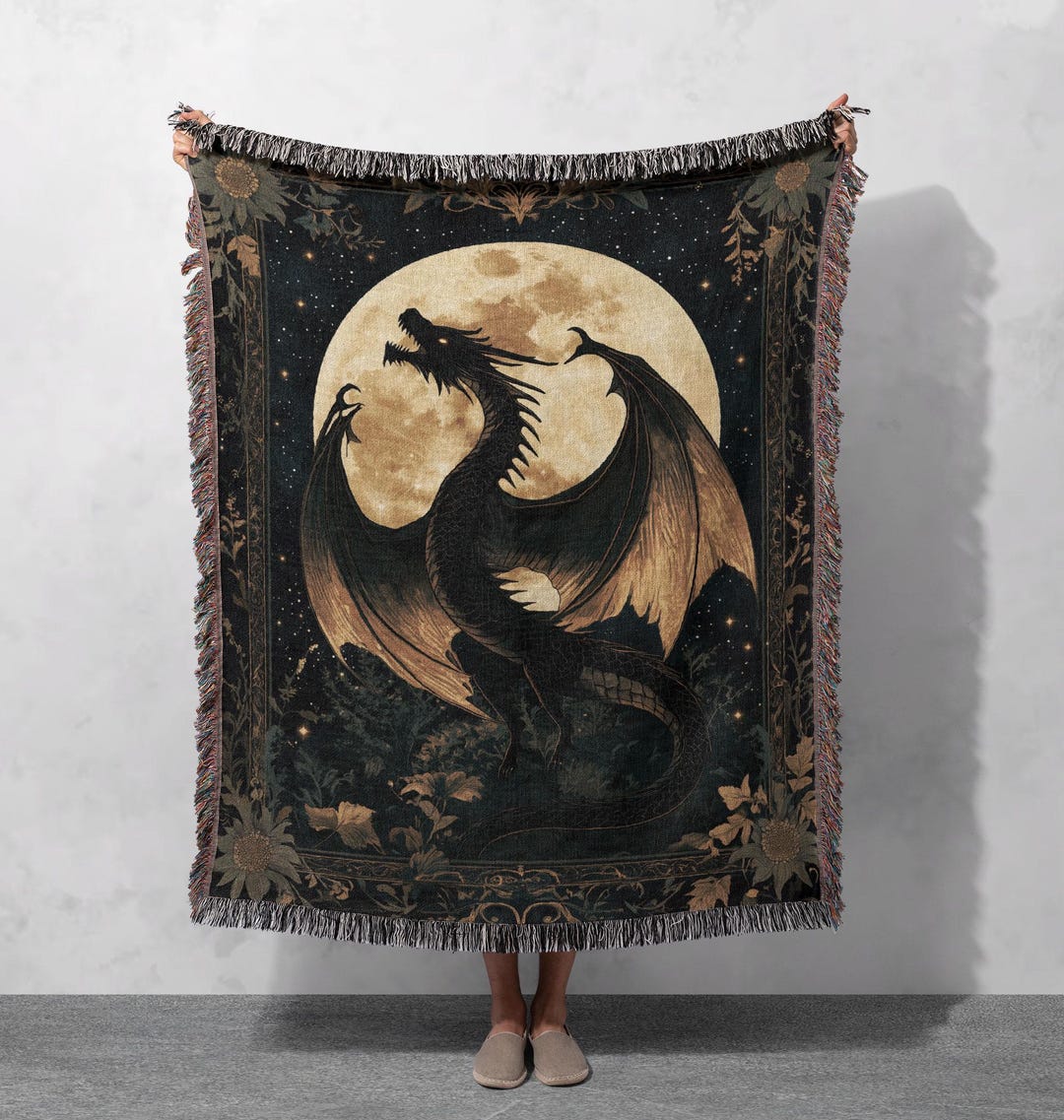 100% Cotton Moonlit Dragon Woven Blanket, Fantasy Tapestry Throw ...