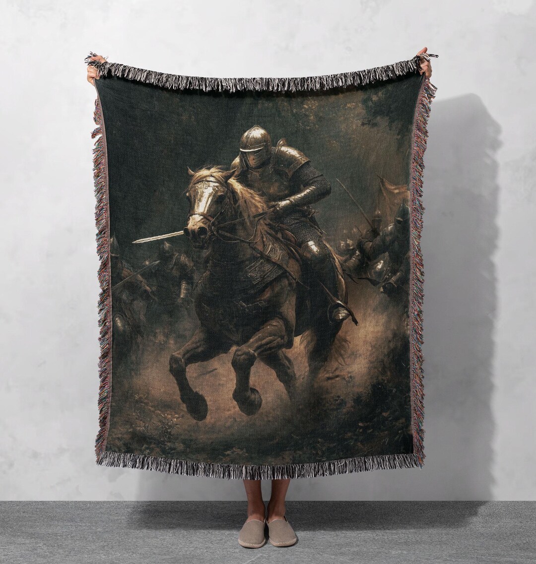 100% Cotton Medieval Knight Woven Blanket, Epic Battle Tapestry Throw ...