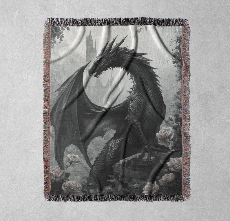 100% Cotton Black Dragon Woven Blanket, Gothic Fantasy Tapestry Throw ...