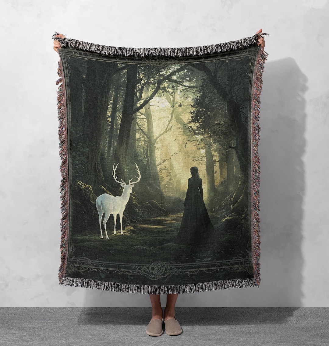 Enchanted Forest Woven Blanket 100% Cotton With Deer and Silhouette ...