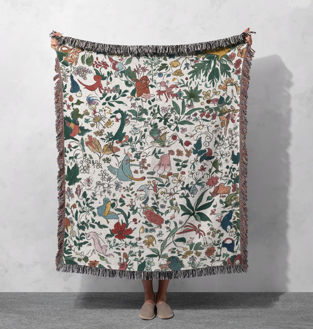 Whimsical Nature Woven Blanket 100% Cotton With Colorful Flora and ...