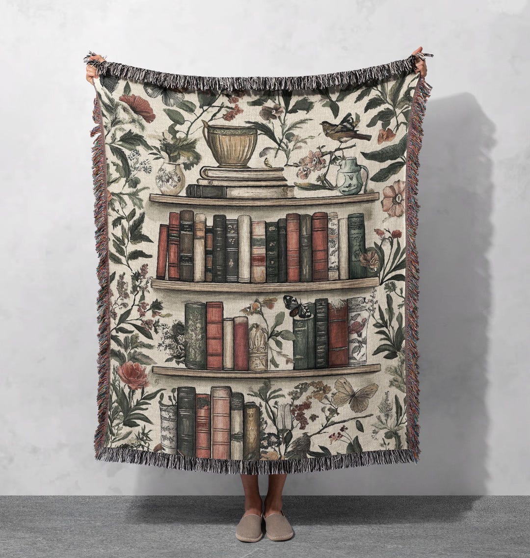 Vintage Bookshelf Woven Blanket 100% Cotton, Cozy Decorative Throw for ...