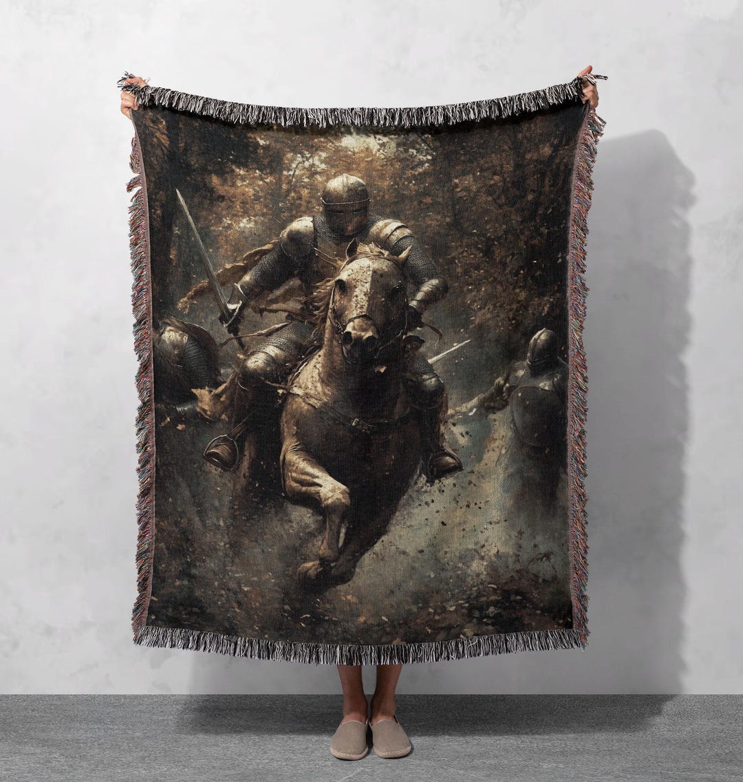 100% Cotton Medieval Knight Woven Blanket, Epic Battle Tapestry Throw ...