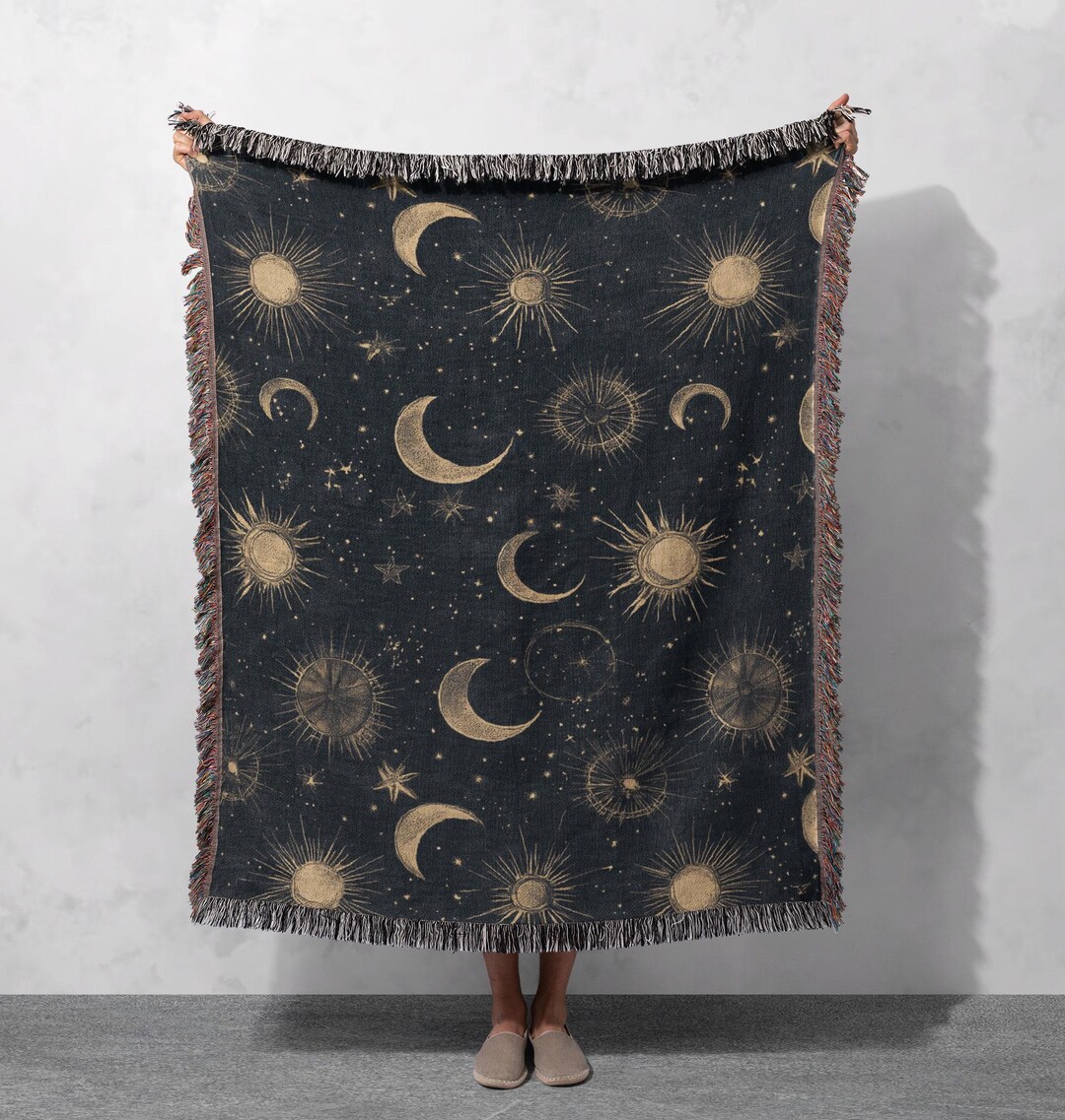 Celestial Moon and Stars Woven Blanket 100% Cotton With Golden Sun ...