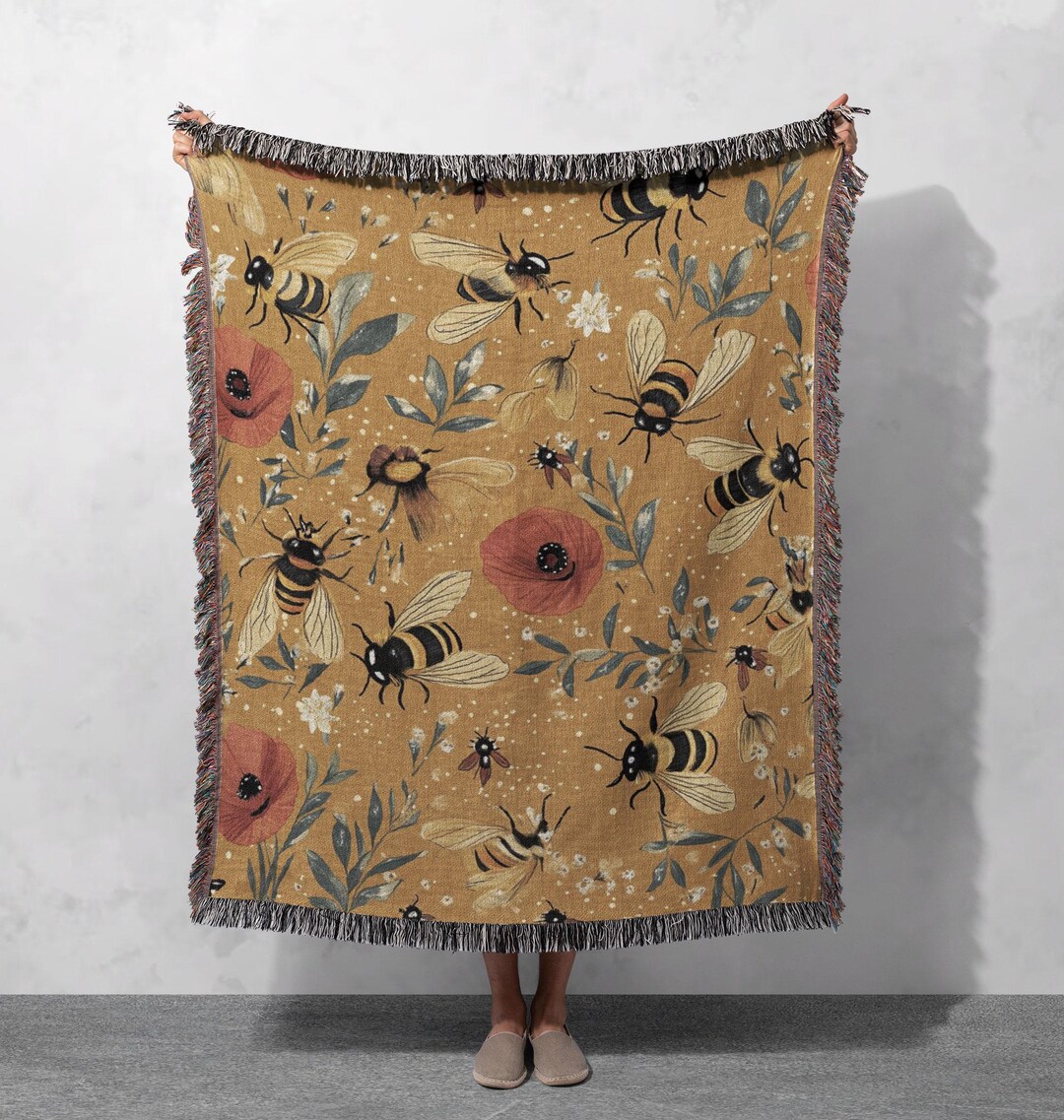 Bumblebee and Poppy Woven Blanket 100% Cotton With Yellow Floral Design ...