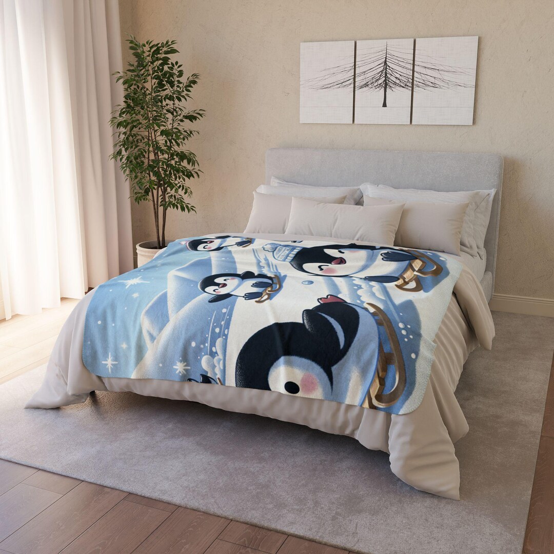 Cute Penguins Sledding Fleece Sherpa Blanket Cozy Throw for Kids Winter ...