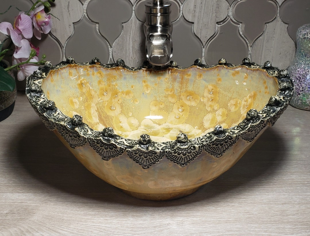 Oval Handmade Ceramic Vessel Sink With Concave Shape and Paisely Floral ...