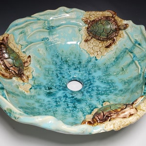 Vessel Sink Sea Turtles Ocean Waves Sandy Beach Handmade Art Basin ...