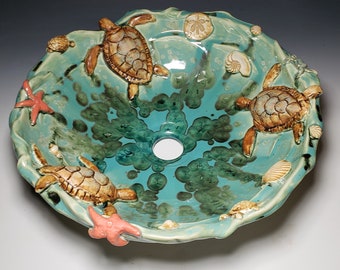 Sea Turtle Sink With Waves and Sandy Beach Handmade Ceramic Art Vessel ...