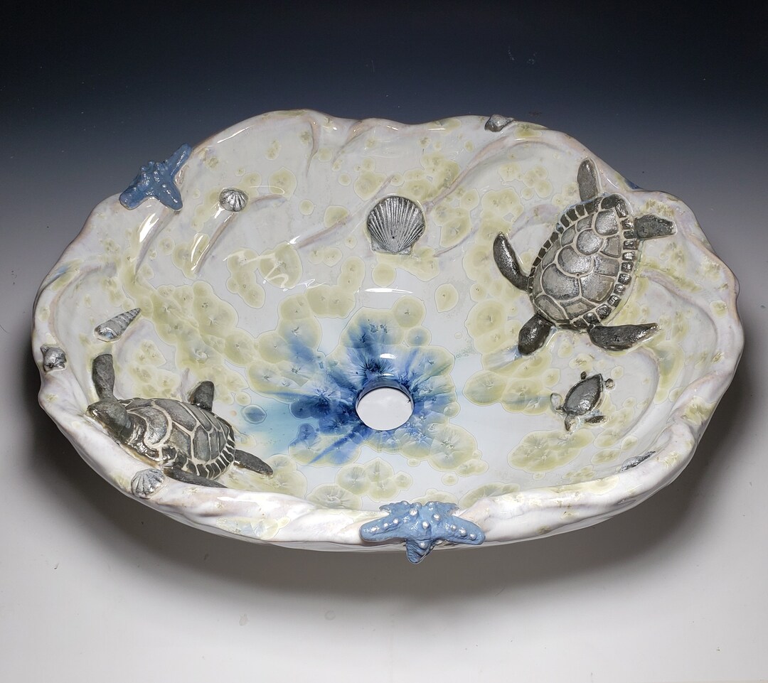 Vessel Sink Custom Sea Turtles and Ocean Creatures in Waves Sculputral ...