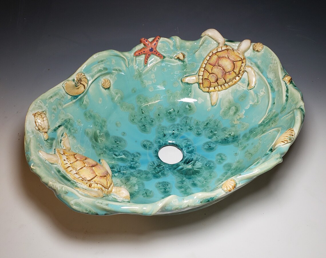 Vessel Sink Custom Sea Turtles and Ocean Creatures in Waves - Etsy
