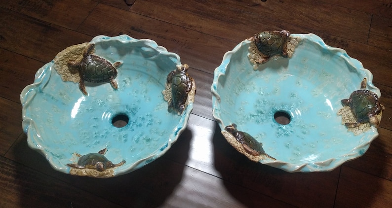 Vessel Sink Sea Turtles Ocean Waves Sandy Beach Handmade Art Basin ...
