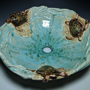 Vessel Sink Sea Turtles Ocean Waves Sandy Beach Handmade Art Basin ...
