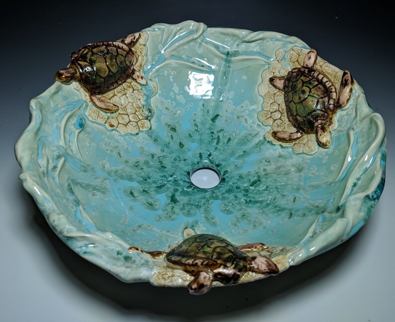 Vessel Sink Sea Turtles Ocean Waves Sandy Beach Handmade Art - Etsy