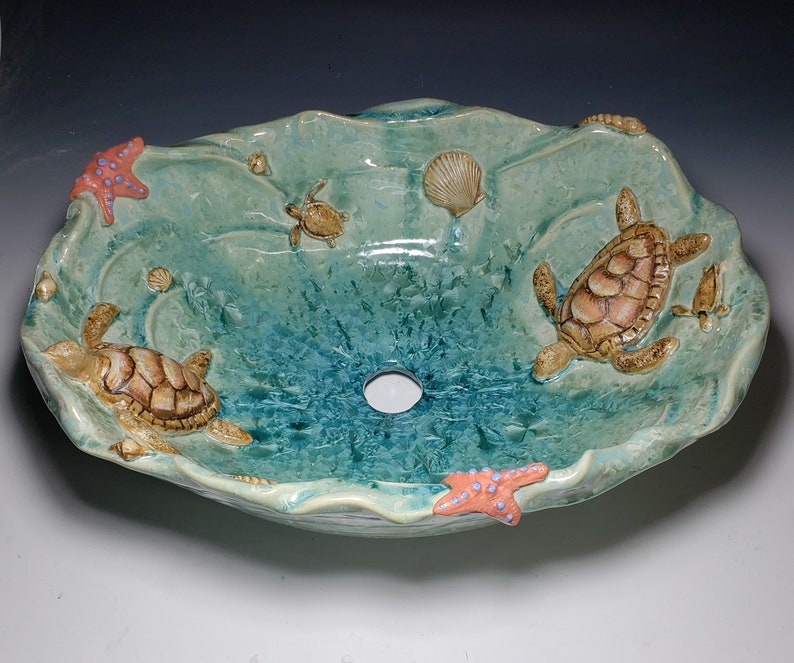 Sea Turtle Vessel Sink Ocean Creatures With Waves Round or Oval ...