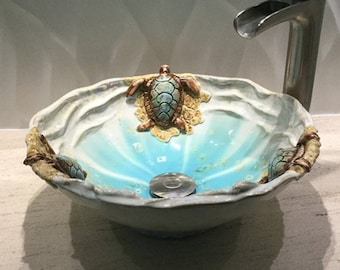 Sea Turtle Vessel Sink Ocean Creatures With Waves Round or Oval ...