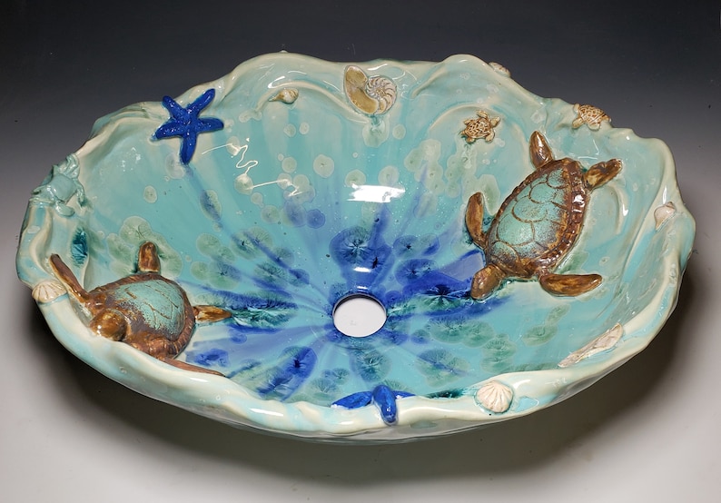 Vessel Sink Custom Sea Turtles and Ocean Creatures in Waves Sculputral ...