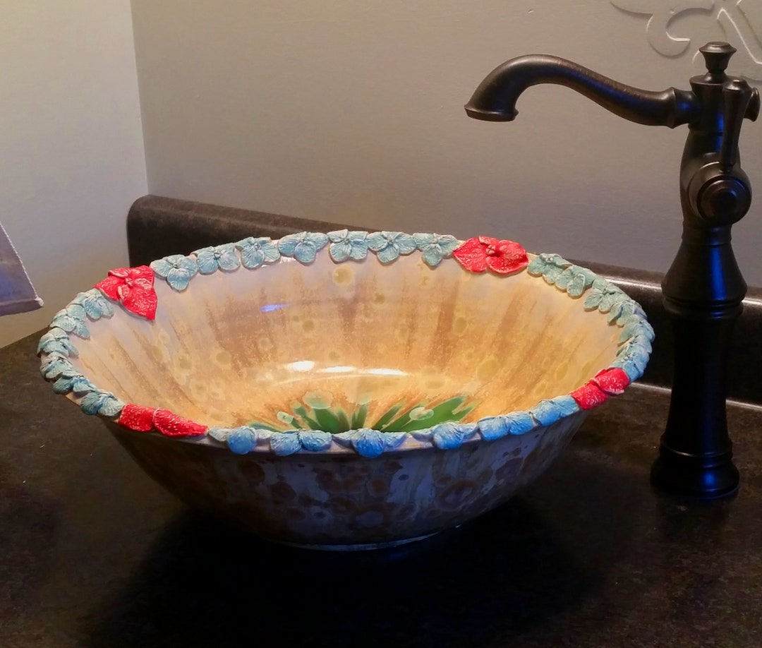 Vessel Sink Sculpture Flower Rim Pattern Custom Ceramic Art Basin MADE ...
