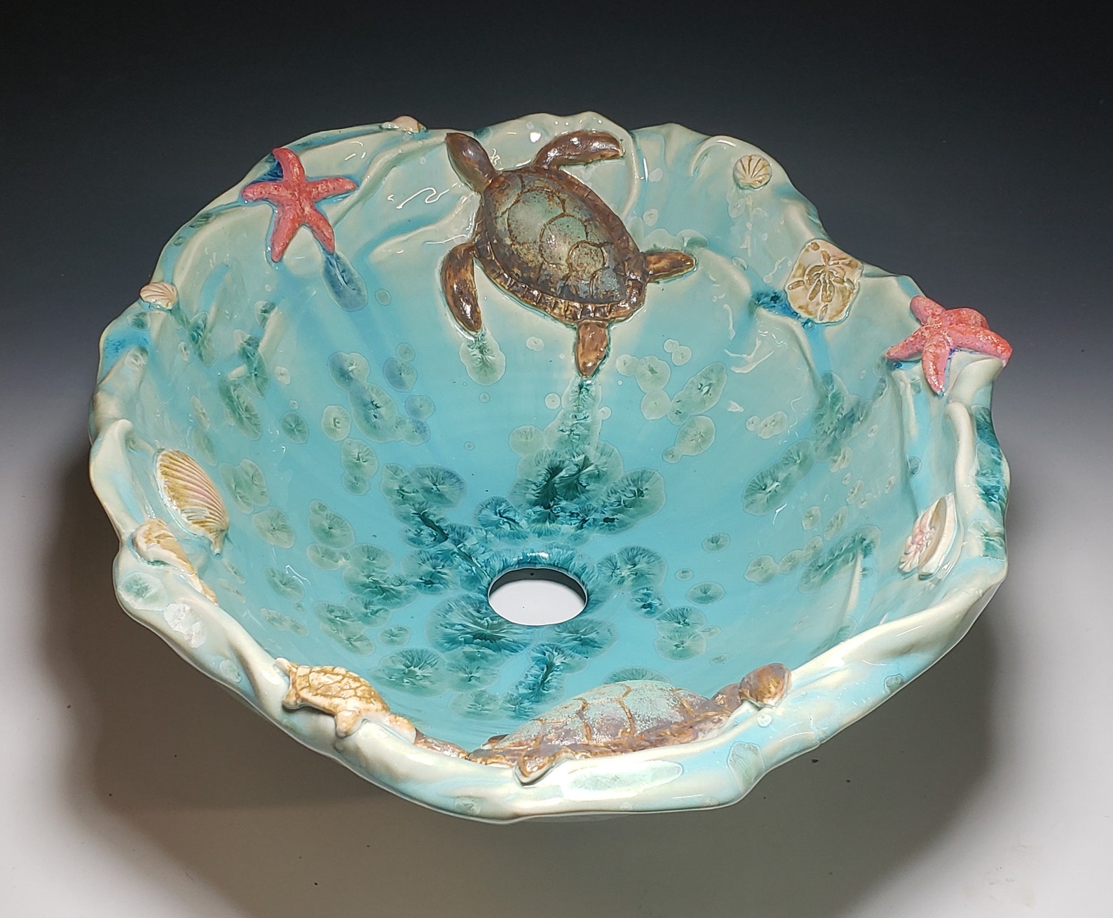 Vessel Sink Custom Sea Turtles and Ocean Creatures in Waves Sculputral ...