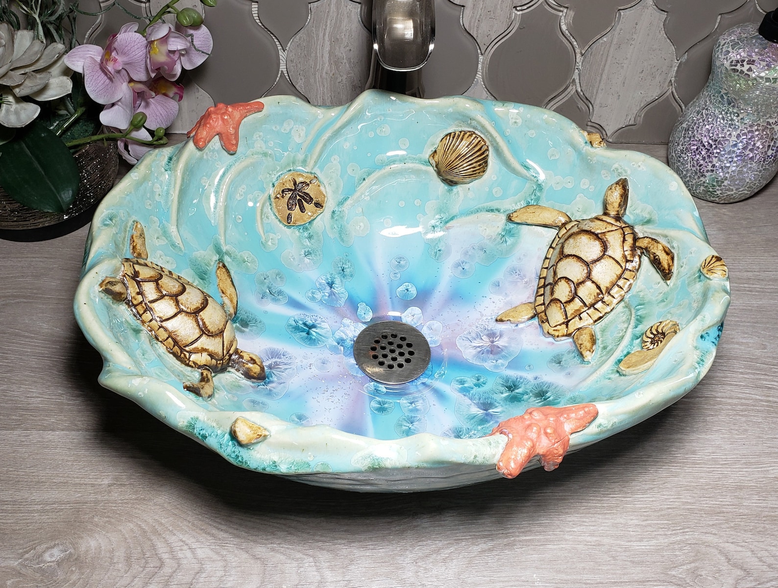 Sea Turtle Vessel Sink Ocean Creatures With Waves Round or Oval ...