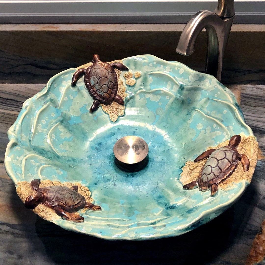 Vessel Sink With Sea Turtles on a Sandy Beach With Waves Handmade ...