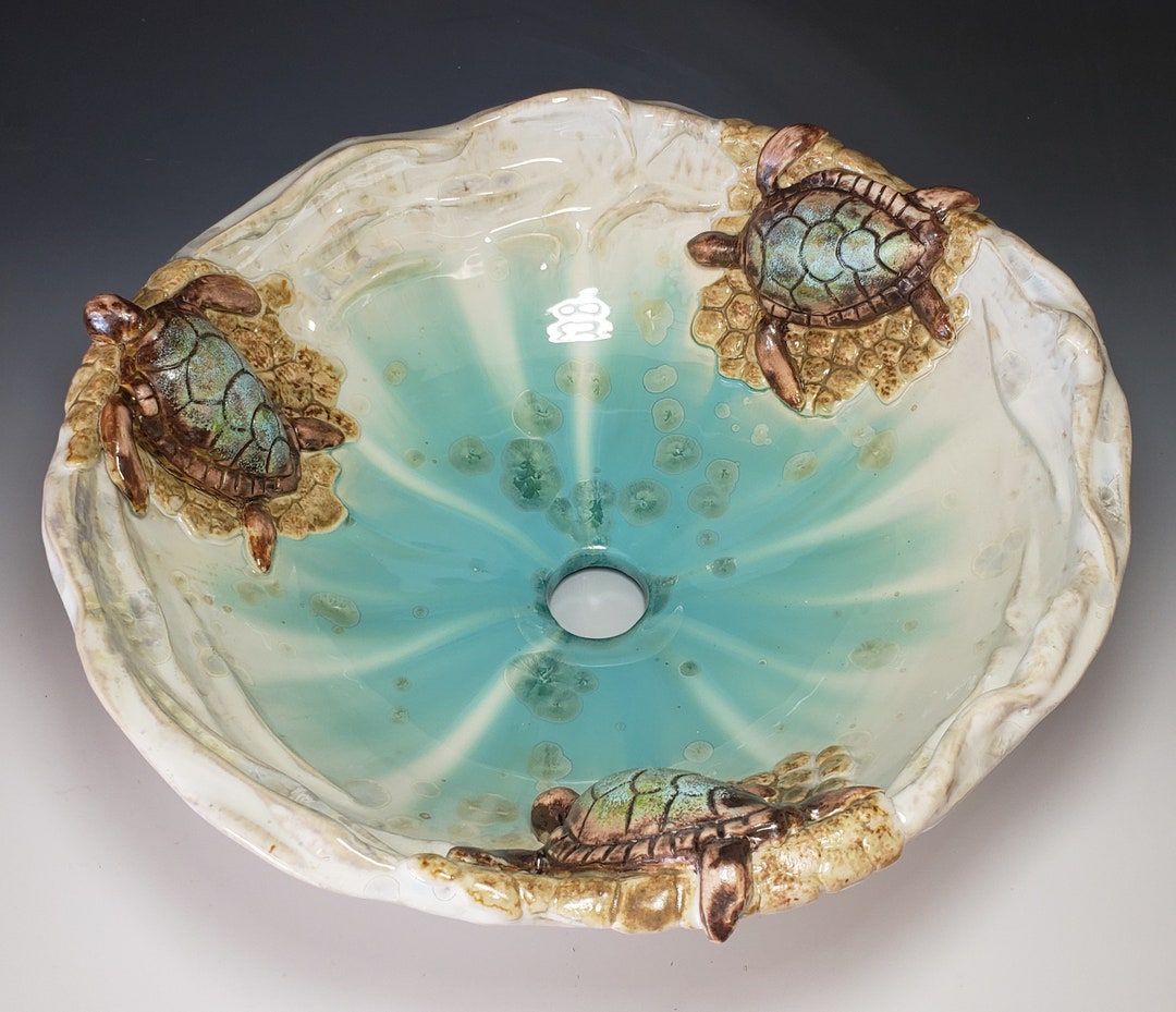 Sea Turtle Sink With Waves and Sandy Beach Handmade Ceramic Art Vessel ...
