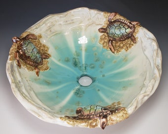 Vessel Sink Sea Turtles Ocean Waves Sandy Beach Handmade Art Basin ...
