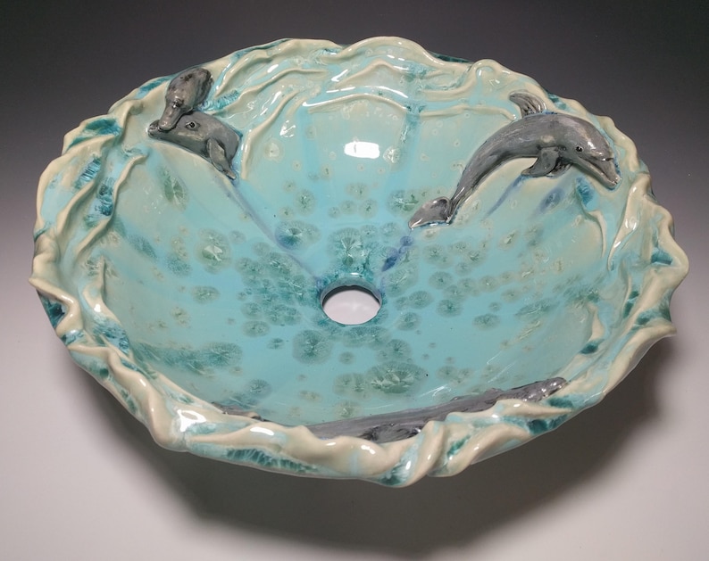Dolphin Vessel Sink Handmade Art Basin Ocean Waves Crystalline - Etsy