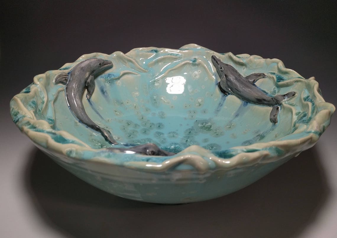 Dolphin Vessel Sink Handmade Art Basin Ocean Waves Crystalline - Etsy