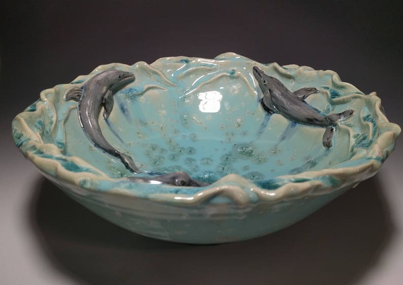 Dolphin Vessel Sink Handmade Art Basin Ocean Waves Crystalline - Etsy