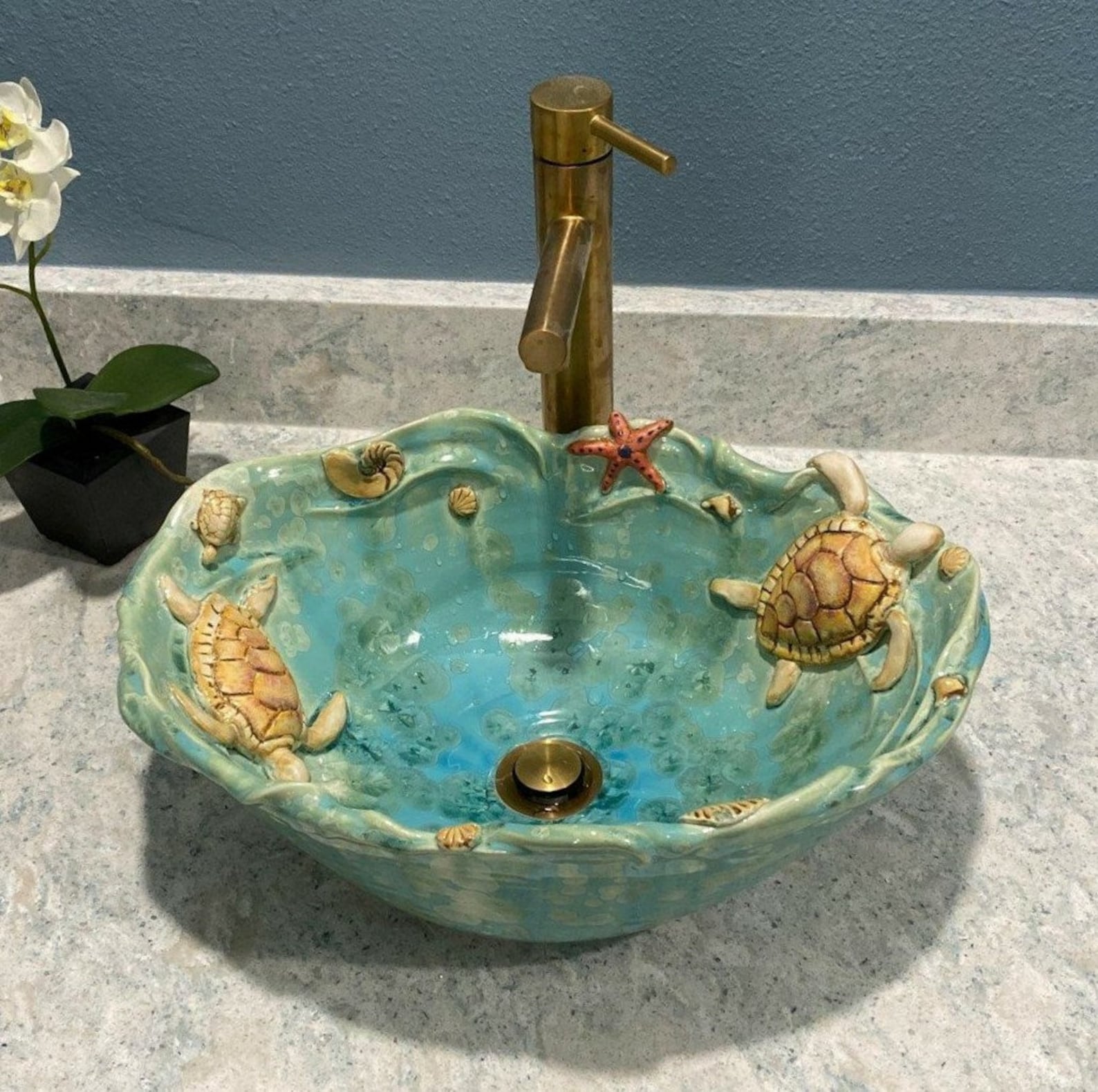 Sea Turtle Vessel Sink Ocean Creatures With Waves Round or Oval ...