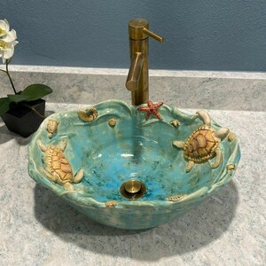 Vessel Sink Custom Sea Turtles and Ocean Creatures in Waves Sculputral ...