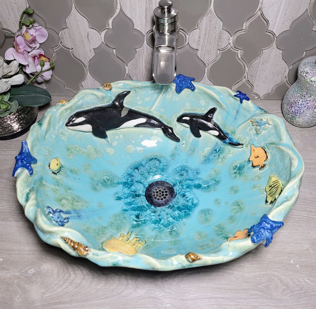 Orca Whale Vessel Sink Ocean Creatures With Waves Round or Oval ...