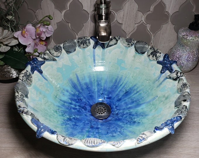 Vessel Sink Startfish Shells Sand Dollar Border Blue Turquoise ...