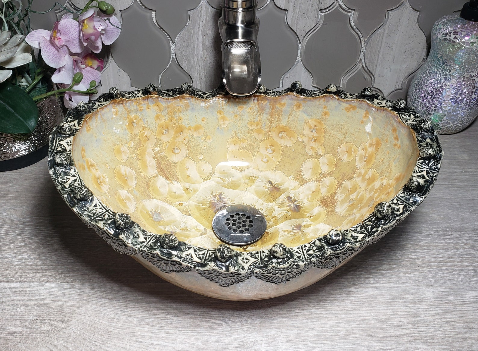 Oval Handmade Ceramic Vessel Sink With Concave Shape and Paisely Floral ...