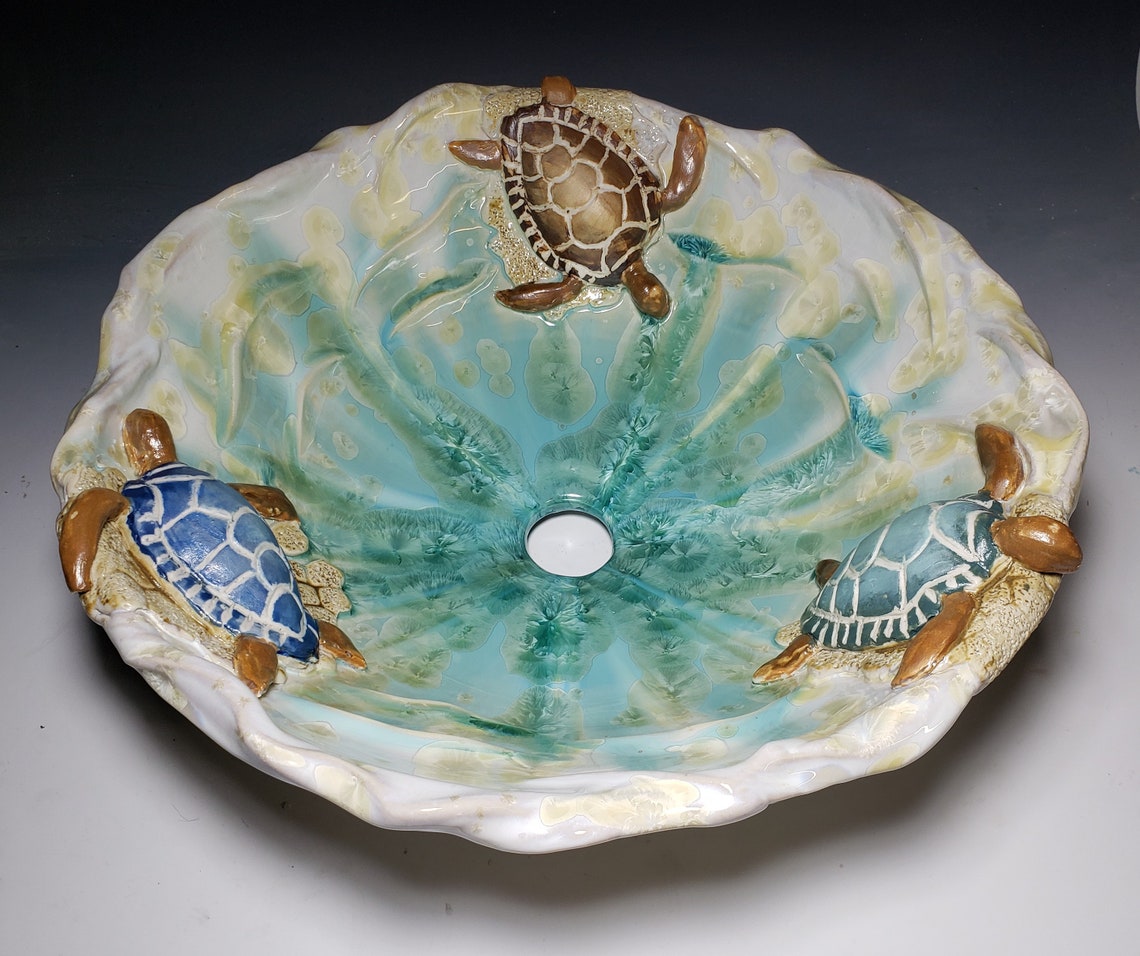 Sea Turtle Sink Vessel Ocean Waves Colorful Custom Handmade - Etsy