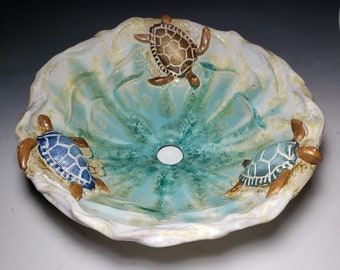 Sea Turtle Vessel Sink Ocean Creatures With Waves Round or Oval ...