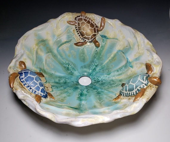 Sea Turtle Sink Vessel Ocean Waves Colorful Custom Handmade - Etsy