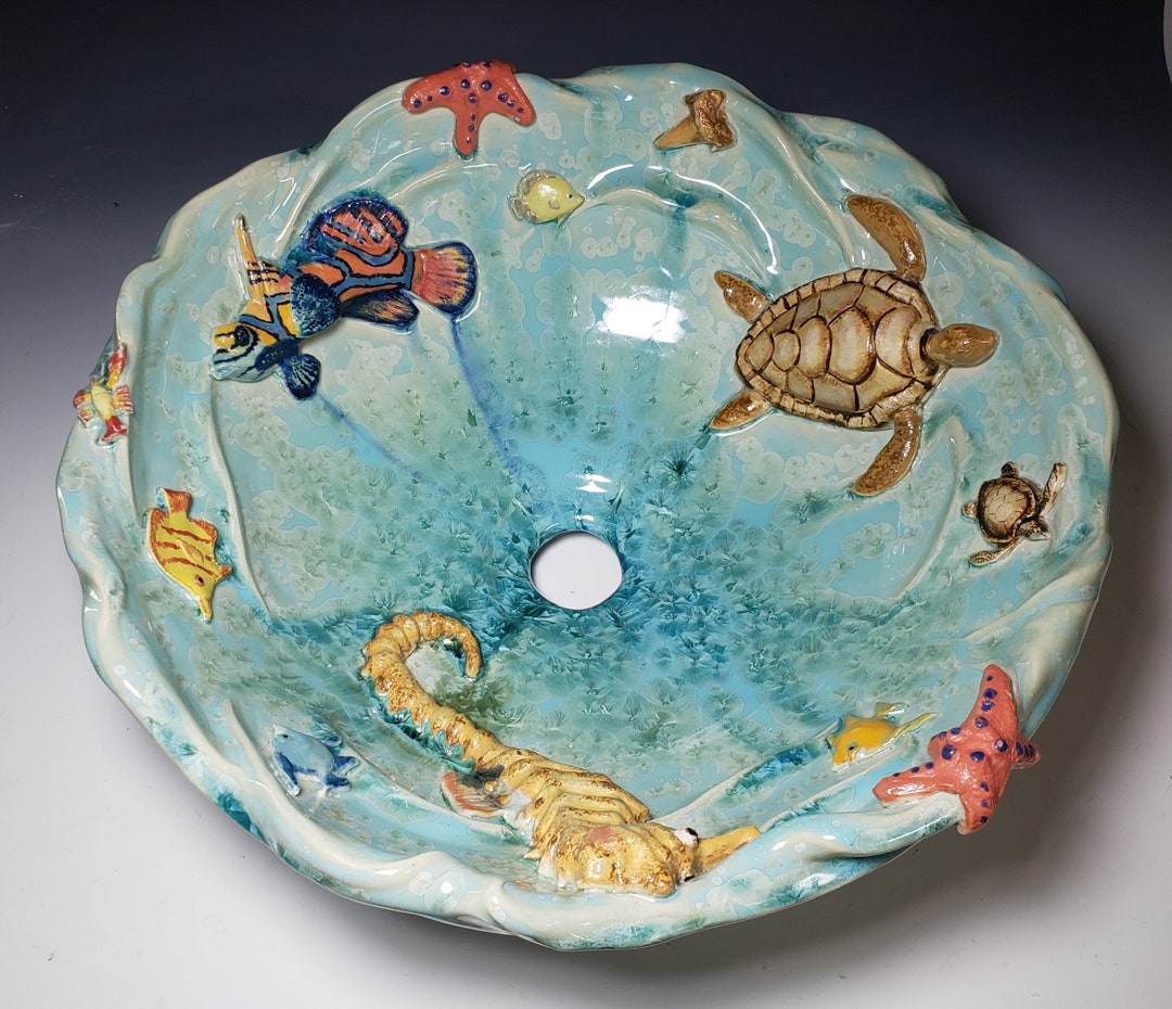 Ocean Vessel Sink Sea Turtle Seahorse Fish Ceatures on Waves Custom ...
