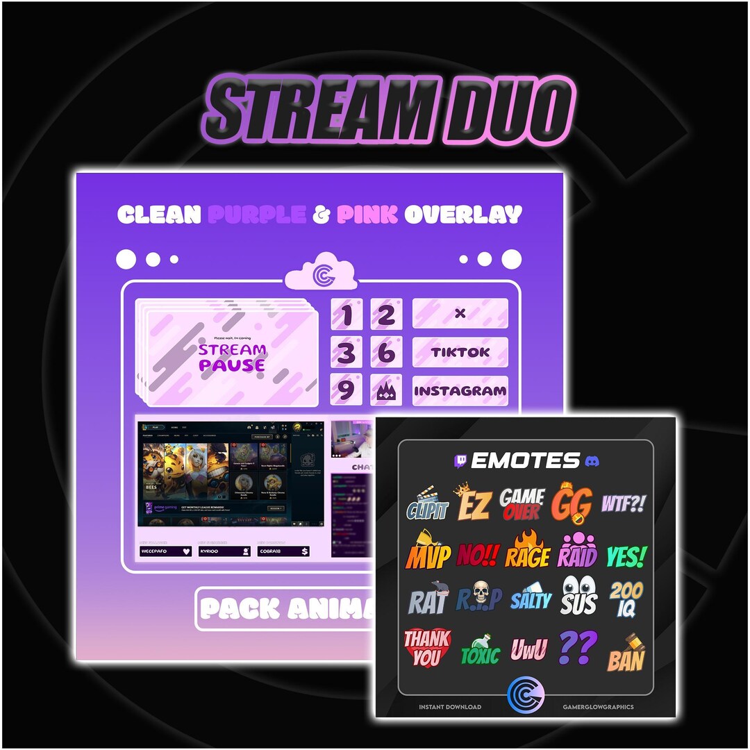 Duo Stream Pack – Pink | Animated Overlay & Text Emotes | Twitch, OBS ...