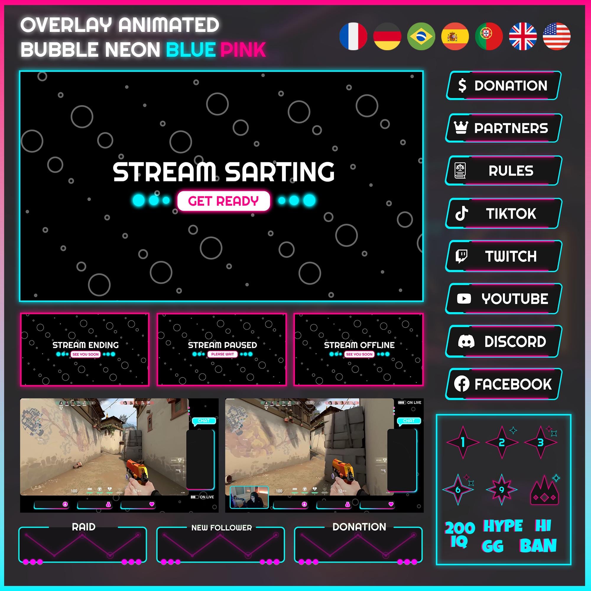 Bubble Neon Blue Pink Animated Overlay – Twitch, Kick, Youtube ...