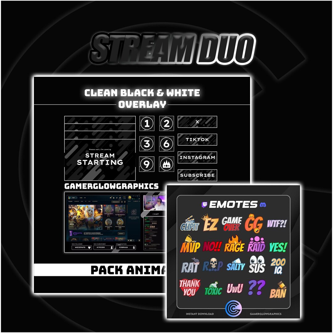 Duo Stream Pack – Black | Animated Overlay & Text Emotes | Twitch, OBS ...