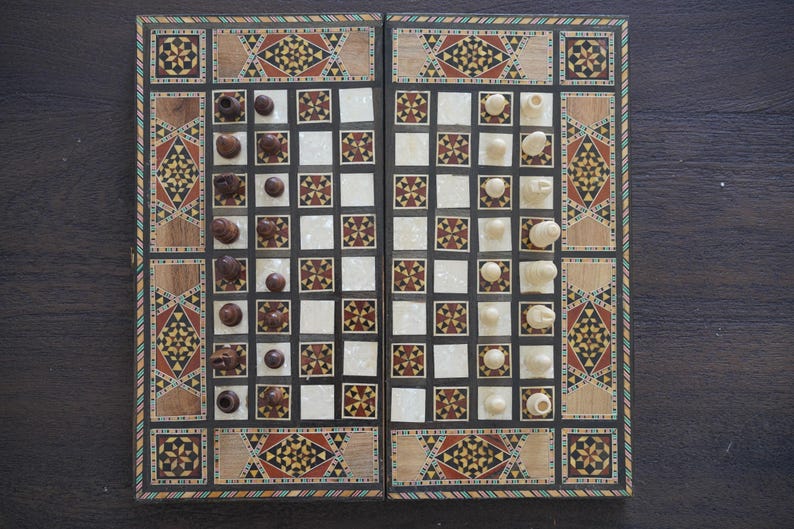 Beautiful Wooden Chess and Backgammon Board With Pieces Mother of Pearl ...