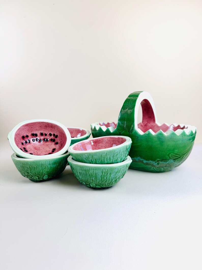 Vintage Ceramic Watermelon Bowl Handled With 6 Watermelon Bowls - Etsy
