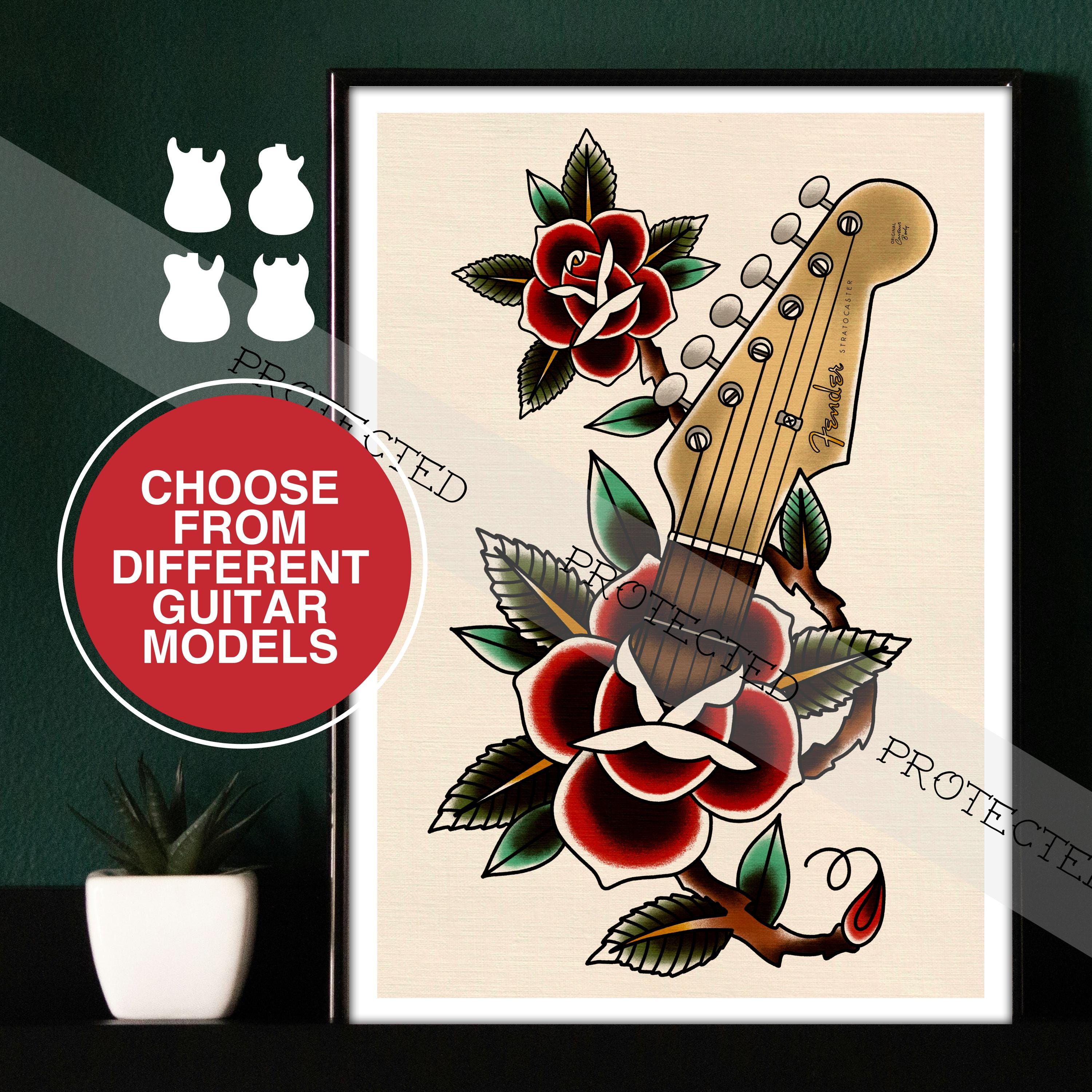 American Traditional Tattoo Guitar Telecaster Stratocaster Les Paul P ...