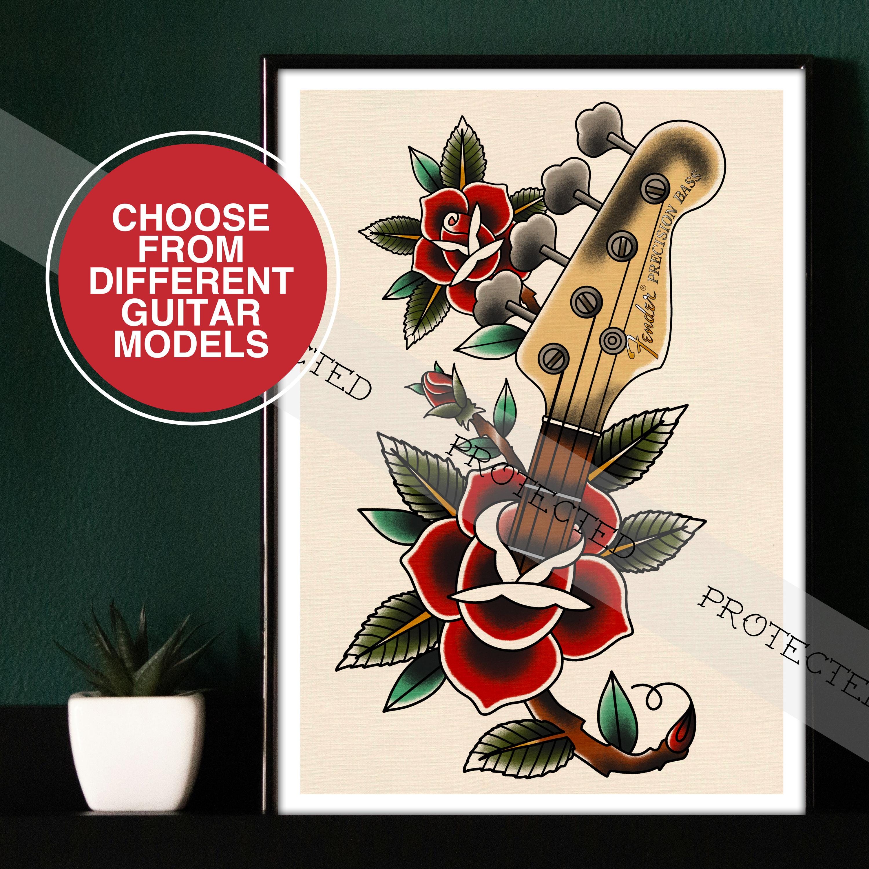 American Traditional Tattoo Guitar Telecaster Stratocaster Les Paul P ...