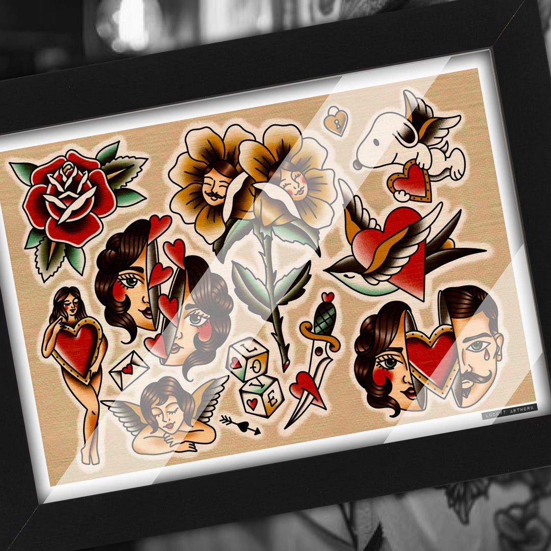 Valentines Day Tattoo Flash Sheet Art Print Romantic Love American ...