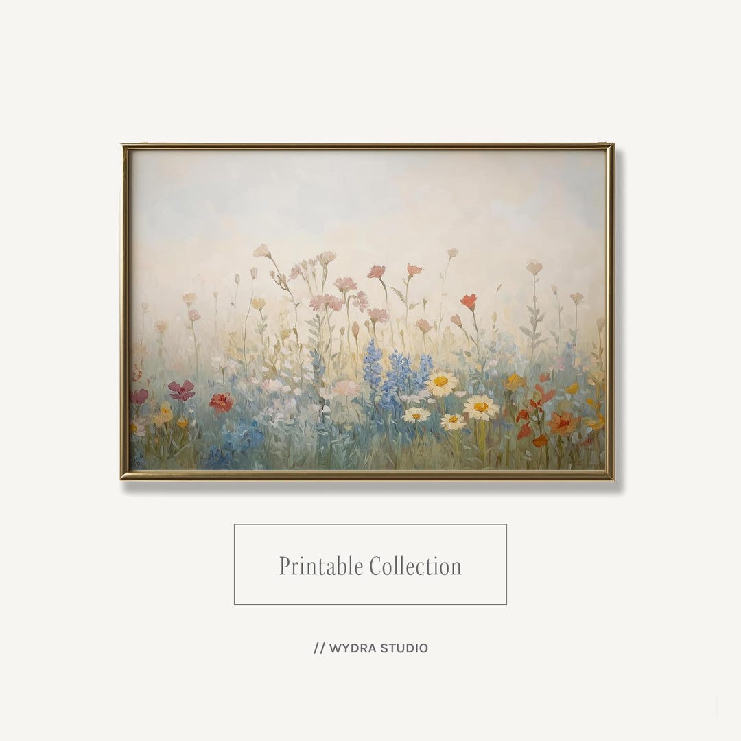 Misty Wildflower Meadow Painting Instant Download Antique Vibes, Warm Tones for Modern Homes ...