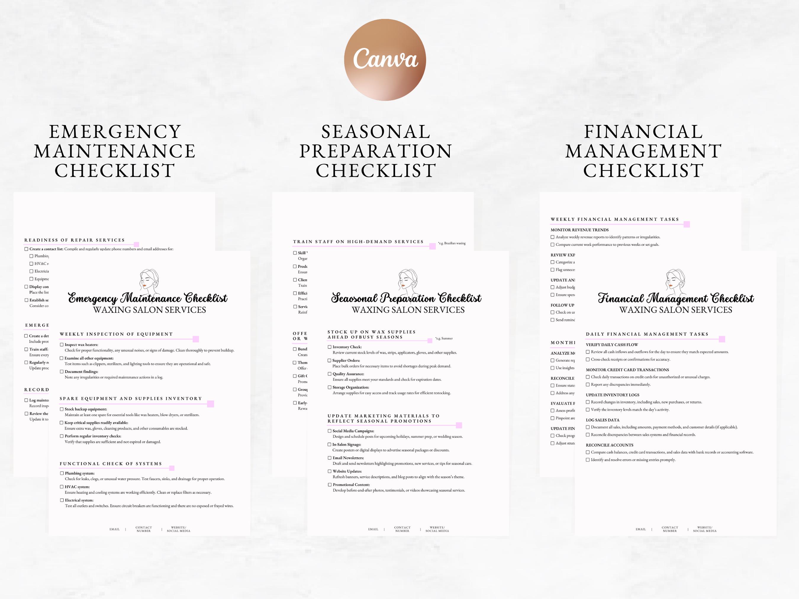 Printable Waxing Salon Checklist Bundle Editable Esthetician Templates ...