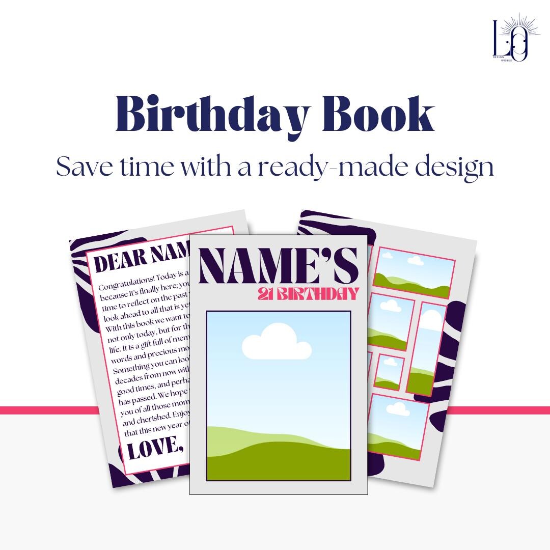 Grey / Navy / Pink Birthday Book Canva Template | 58 Pages | Easy Drag ...